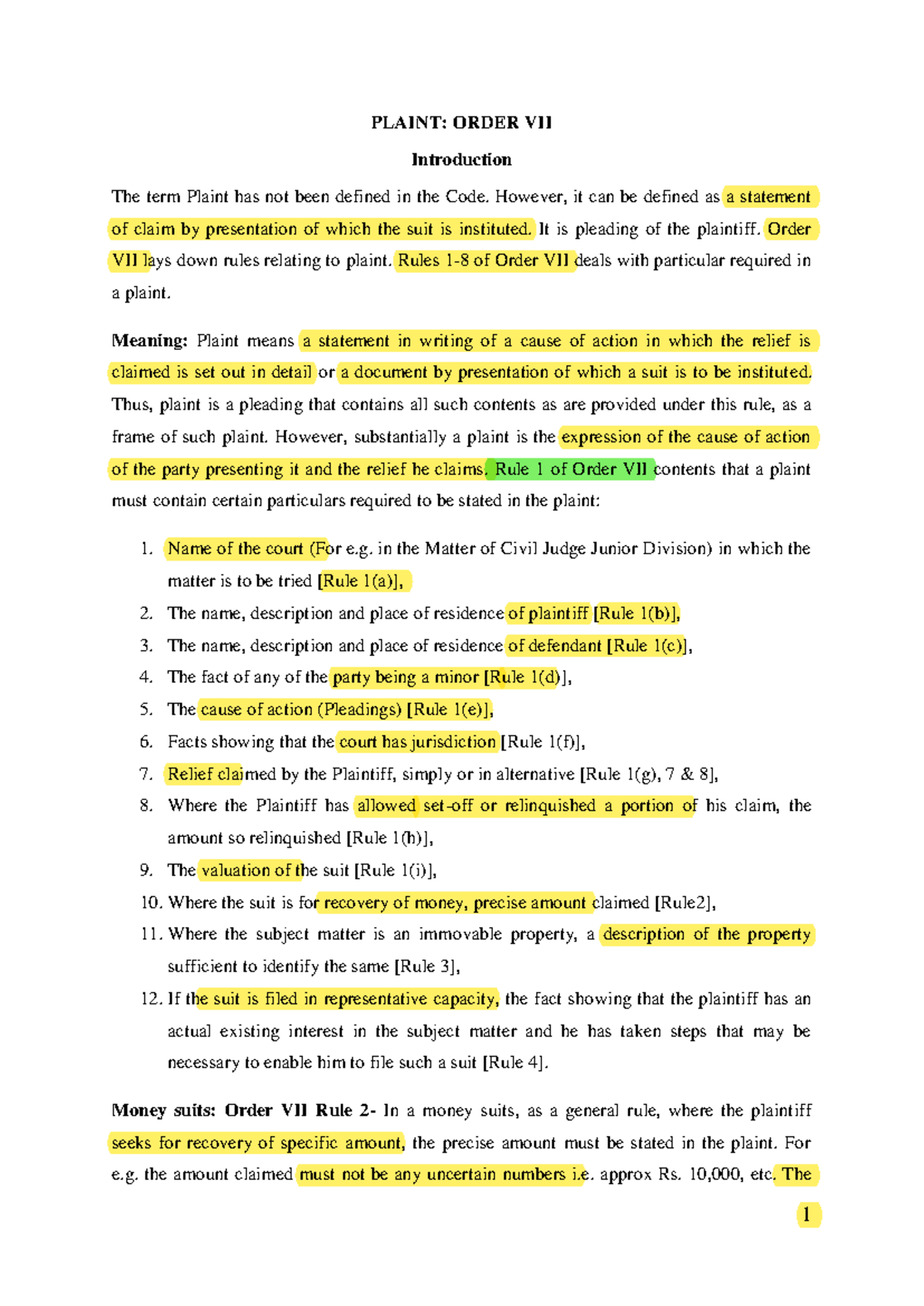 Plaint - Summary Code of Civil Procedure - PLAINT: ORDER VII ...