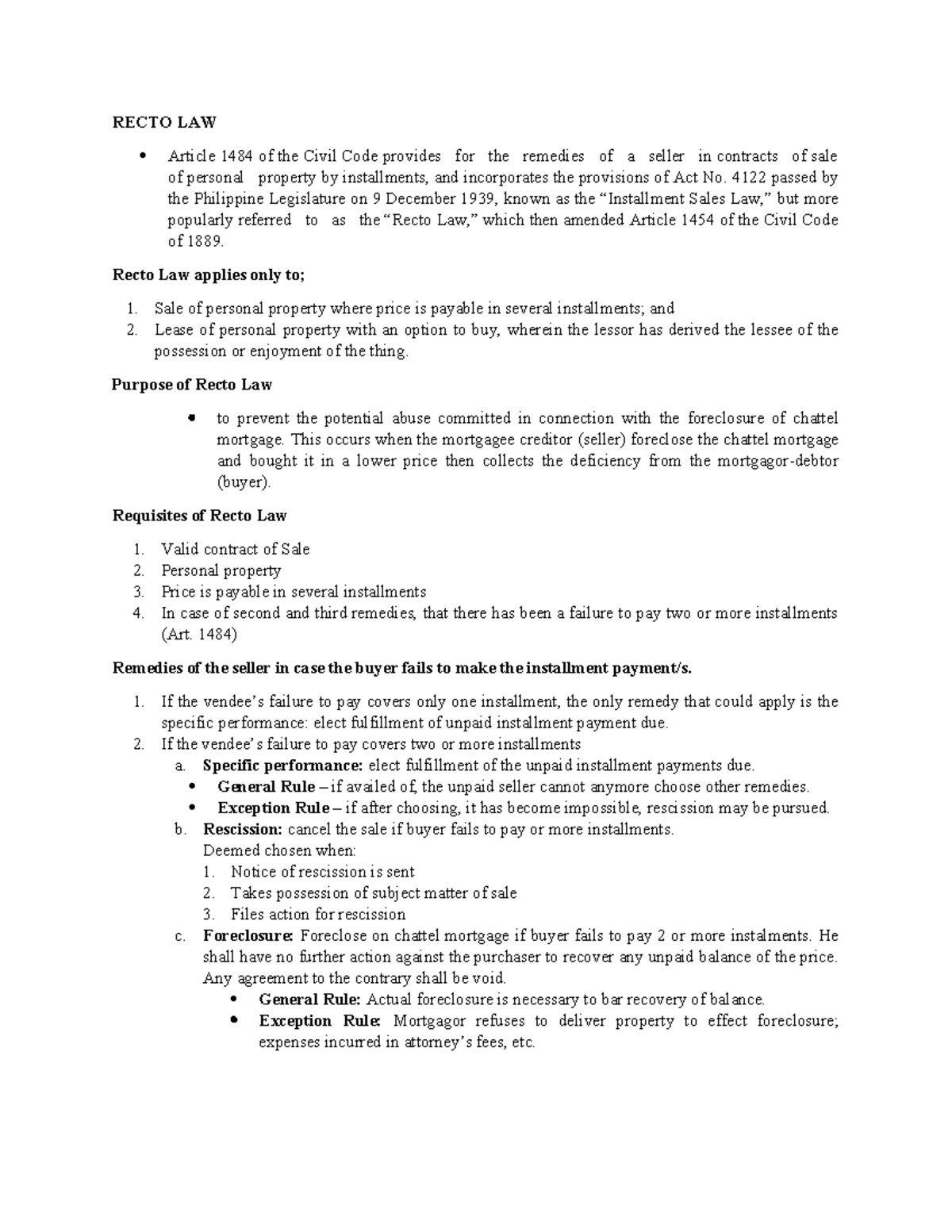 Recto Law: Understanding Article 1484 & Seller Remedies in Sales - Studocu