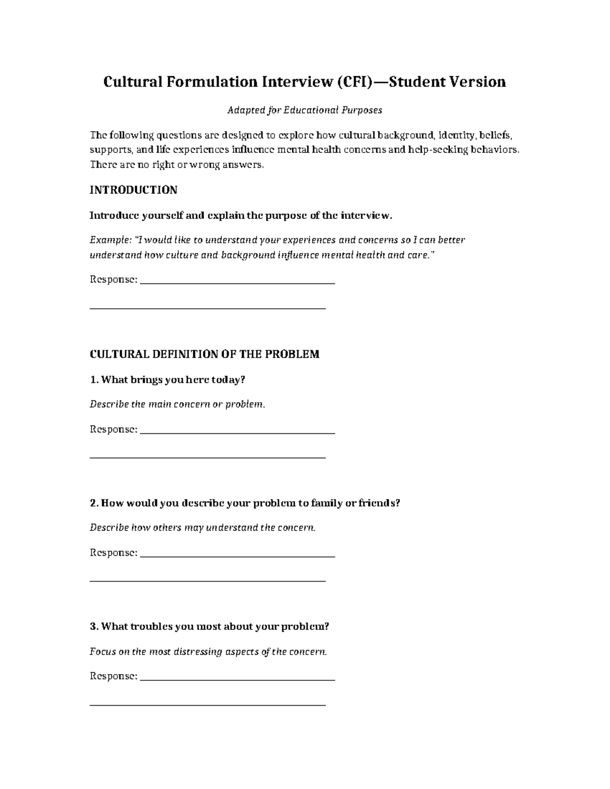 Cultural Formulation Interview Template for Educational Use - APA Style ...