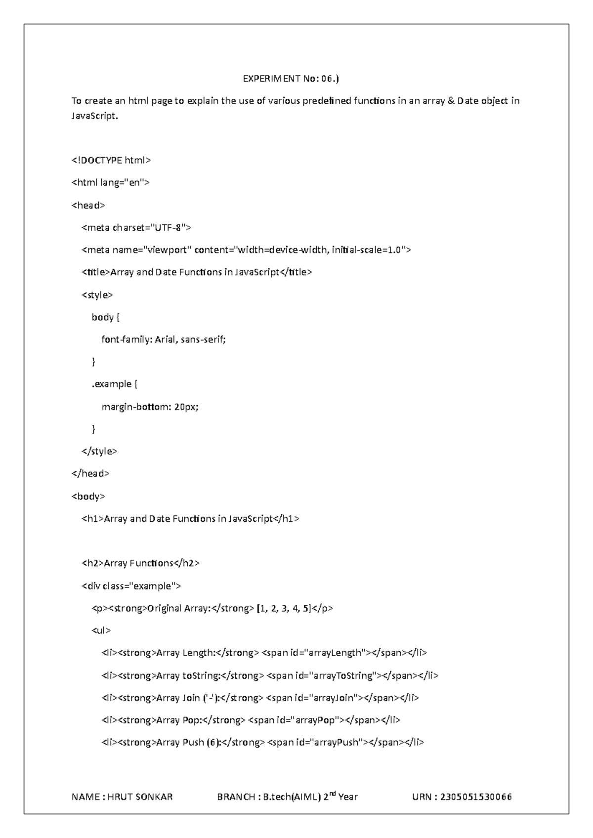 B.Tech AIML 2nd Year: HTML Page on JavaScript Array Functions - Studocu