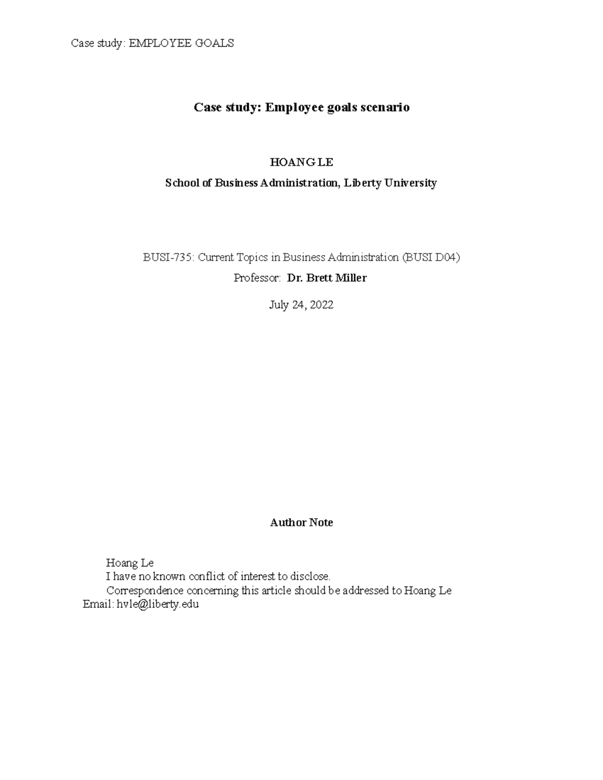 Employee goal Case study - Case study: Employee goals scenario HOANG LE ...