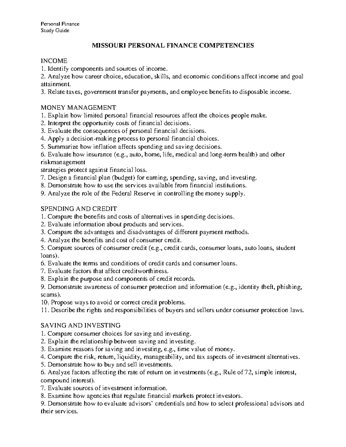 Personal Finance Study Guide: Key Concepts and Competencies - Studocu