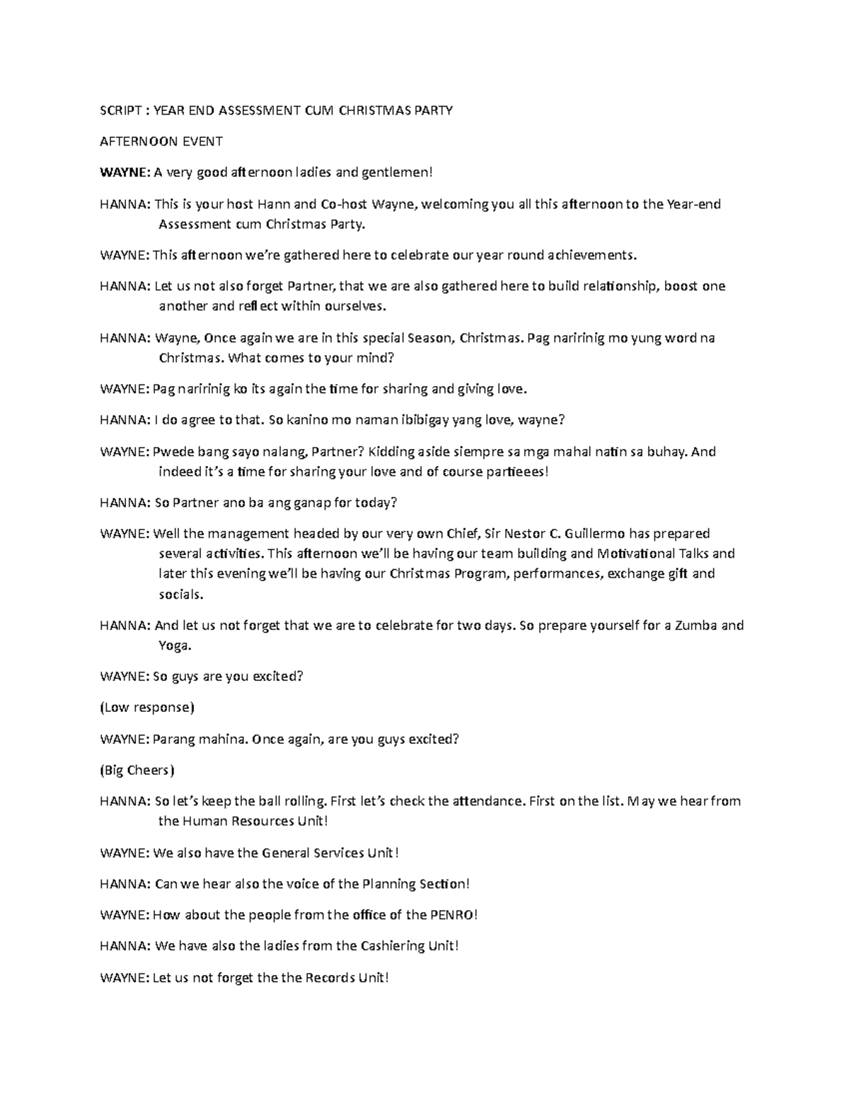 Year-End Assessment & Christmas Party Script - Studocu