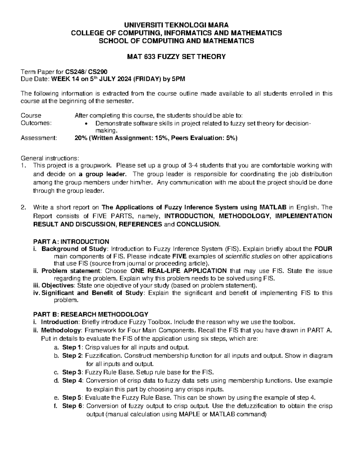 MAT 633 Fuzzy Set Theory Mini Project Instructions & Rubric - Studocu