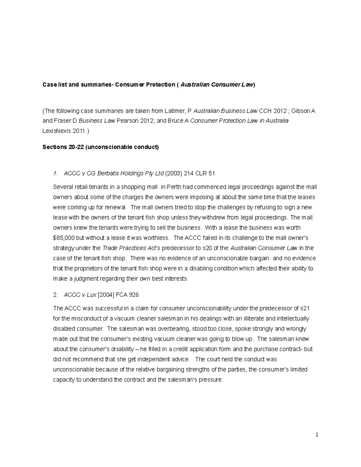 Module 7 - Consumer Protection Case Summaries (ACL) - Studocu