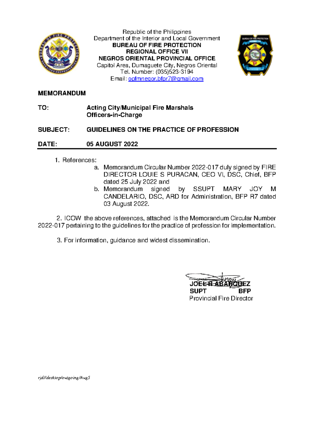 Guidelines for the Practice of Profession - BFP Memo 2022-017 - Studocu
