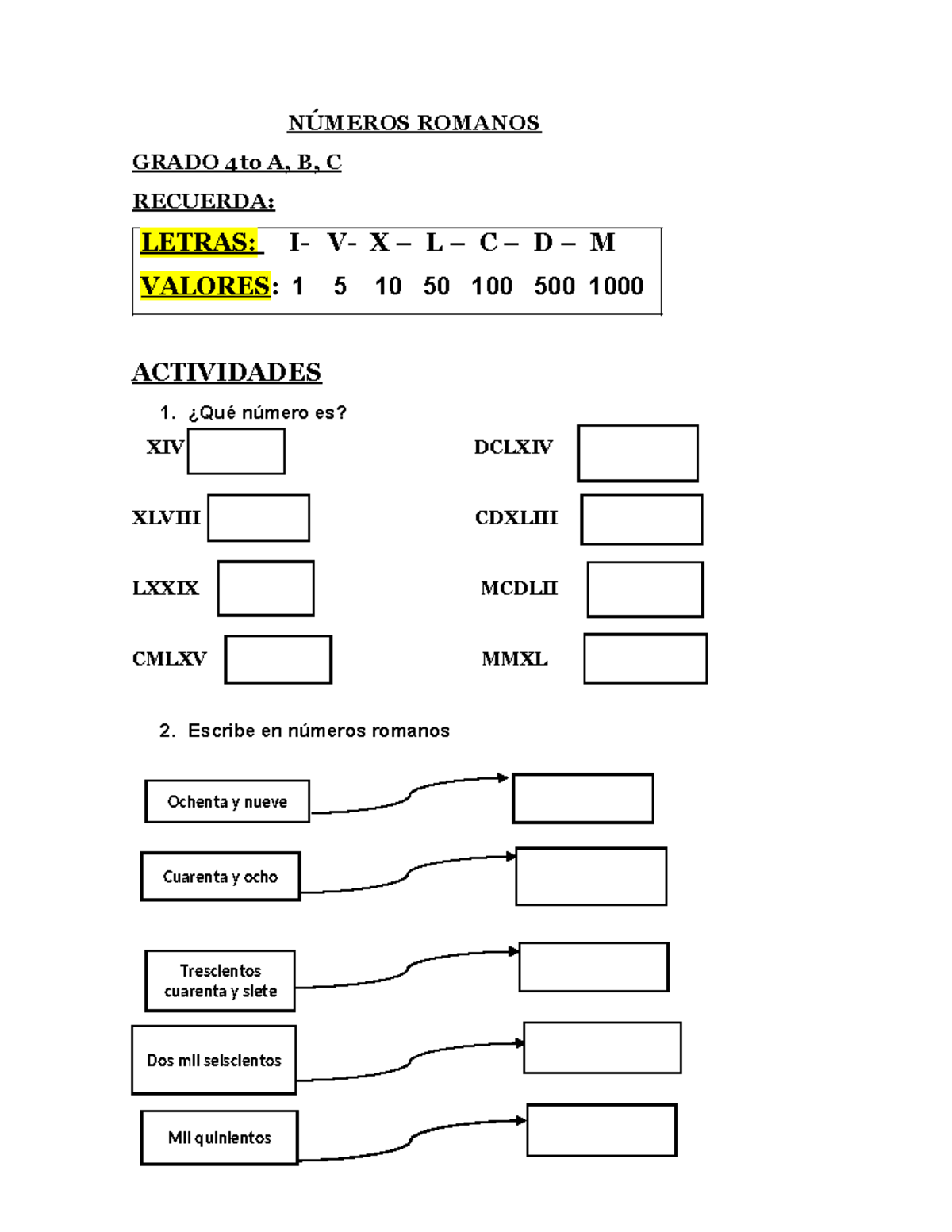 Actividades de Matemáticas: Números Romanos Grado 4to A, B, C - Studocu