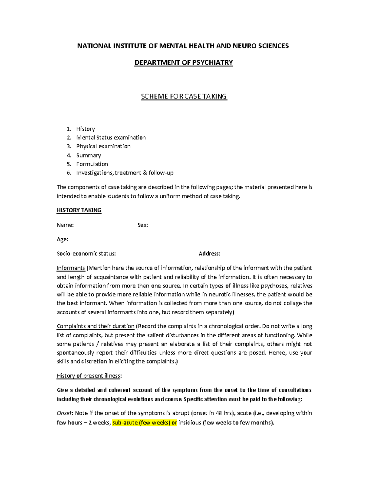Comprehensive Guide to Case History & MSE Format for Psychiatry - Studocu