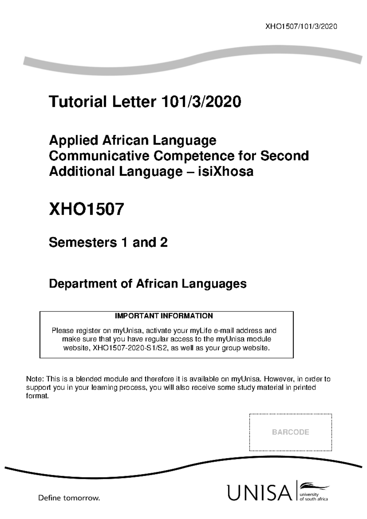 XHO1507/101/3 - Communicative Competence in isiXhosa Tutorial Letter ...