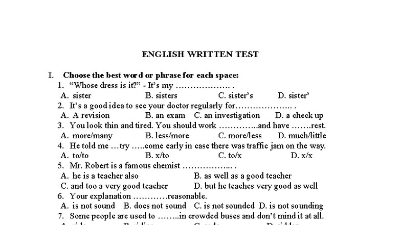 Sample Test TA2 - English Written Test I & II - Studocu