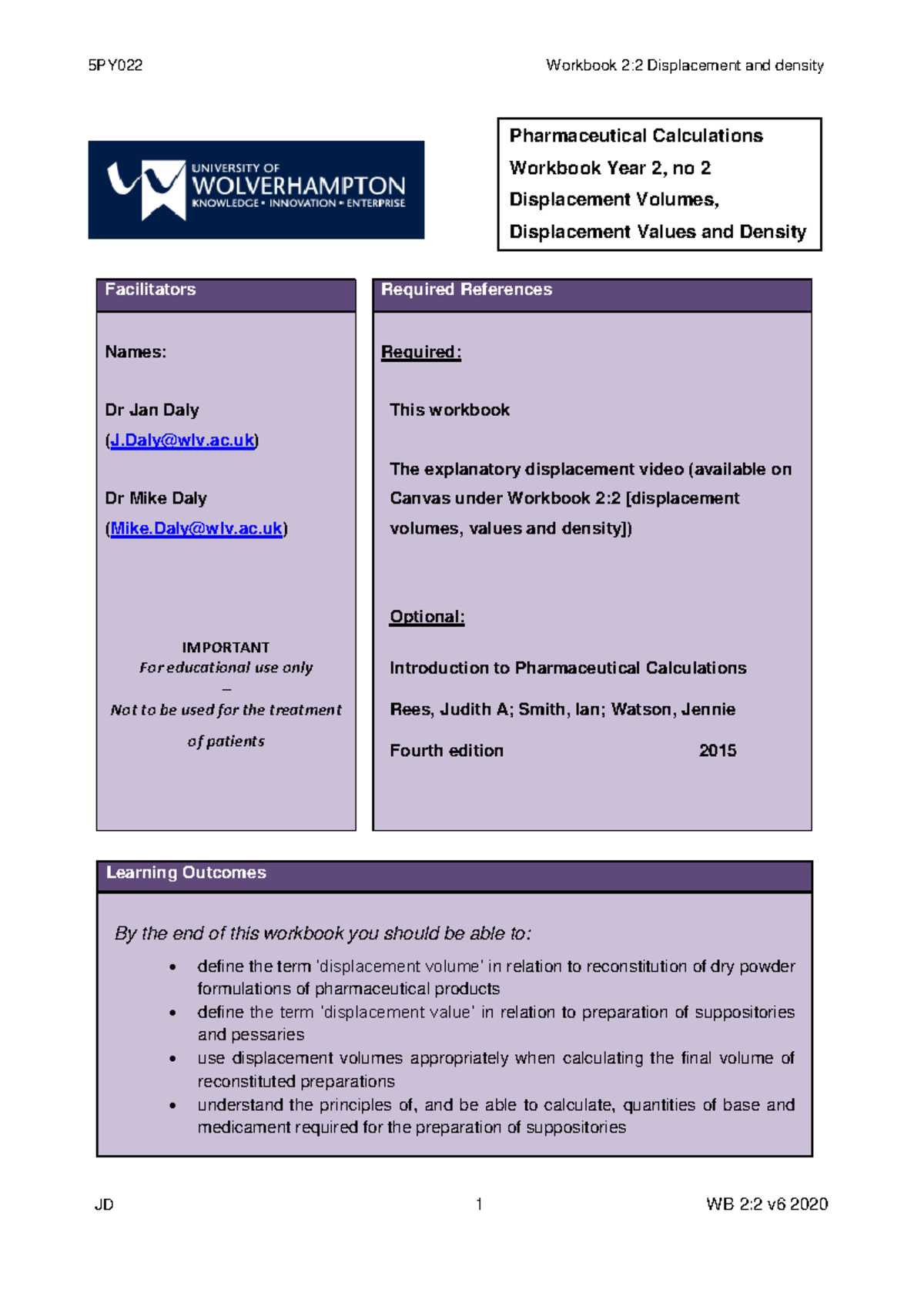 Pharmaceutical Calculation Workbook 2: Displacement Volume & Value ...