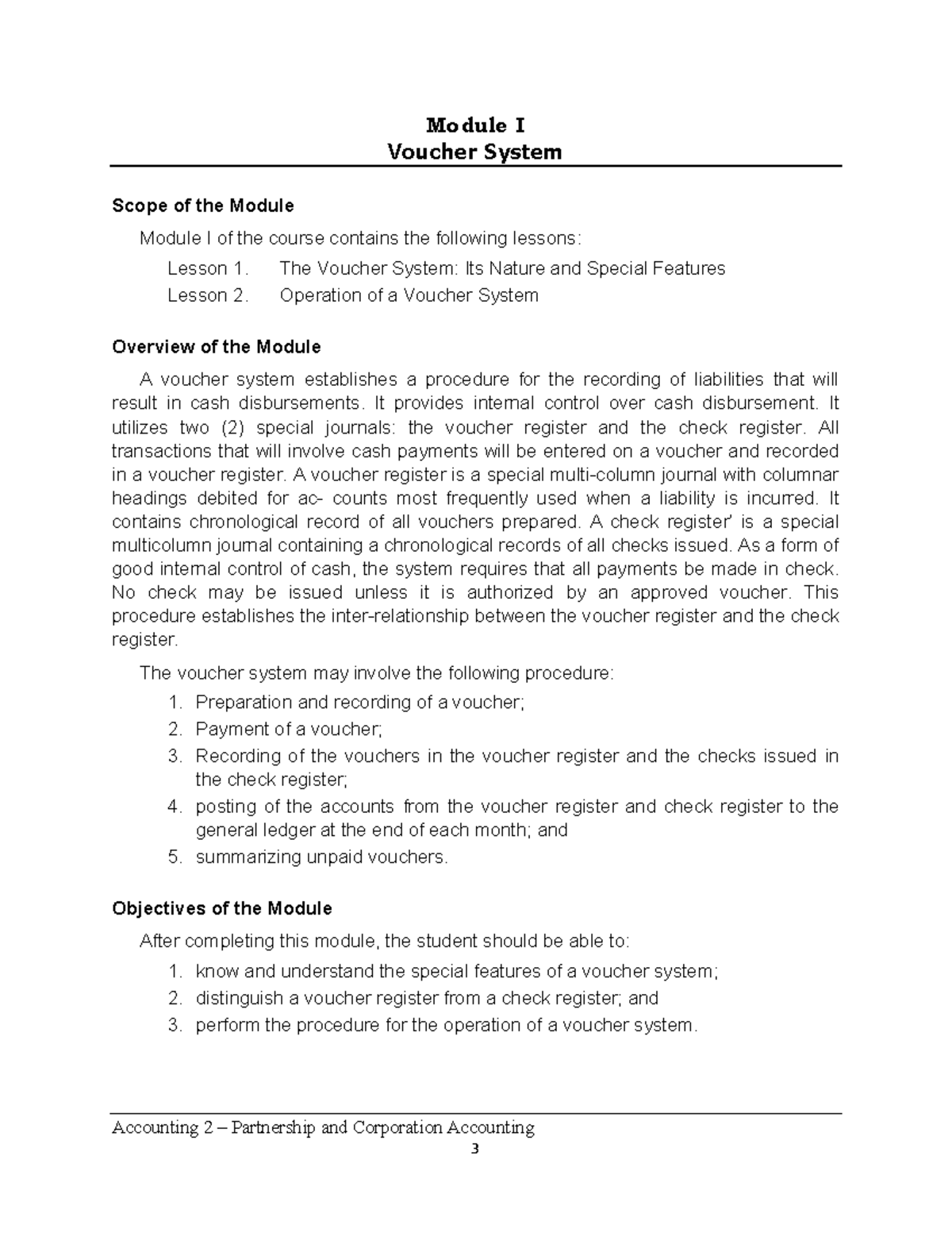 Accounting 2, Module I Voucher System, Voucher and Check Register ...