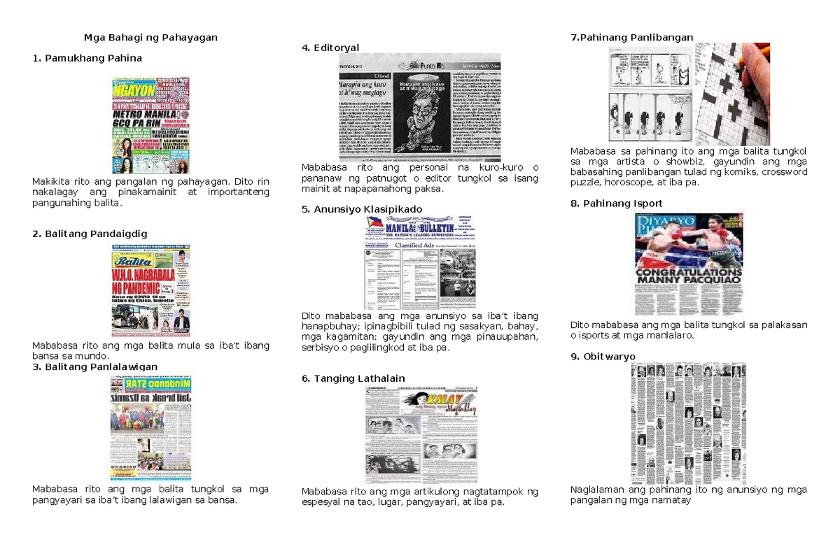 Mga Bahagi ng Pahayagan: Isang Gabay sa Pagsusuri at Pagkilala - Studocu