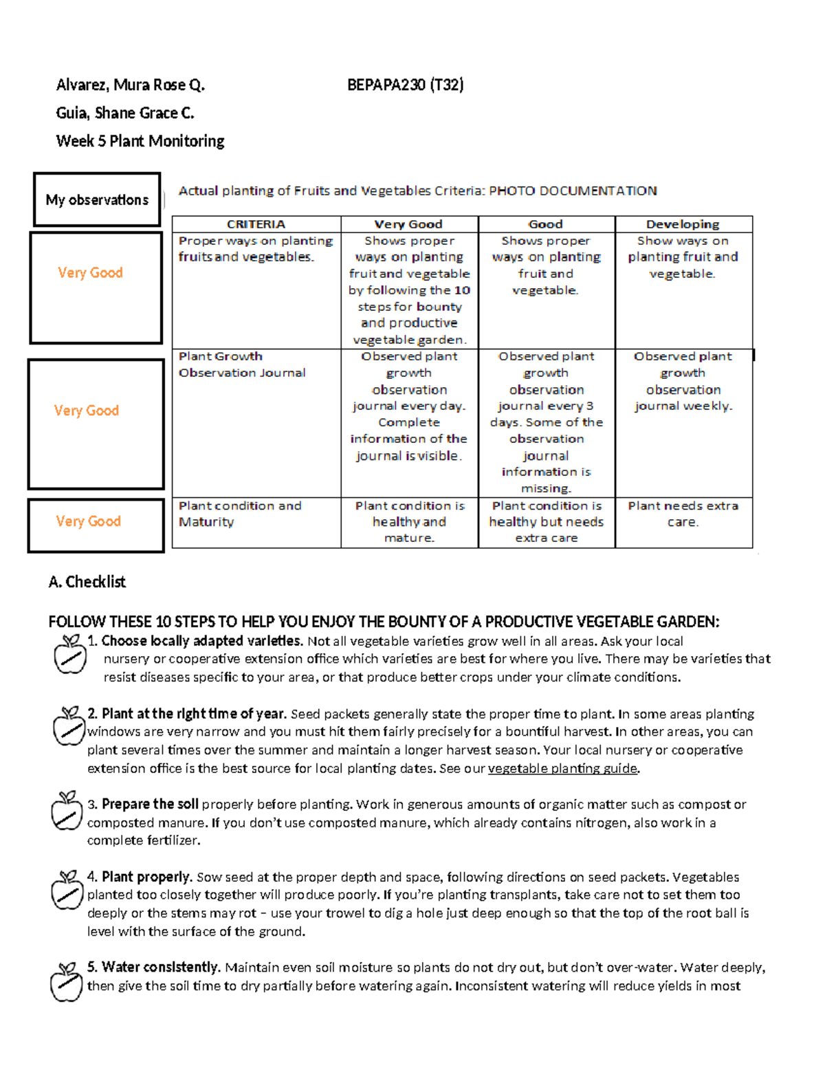 BEPAPA230 (T32) Week 5 Plant Monitoring & Growth Observations - Studocu