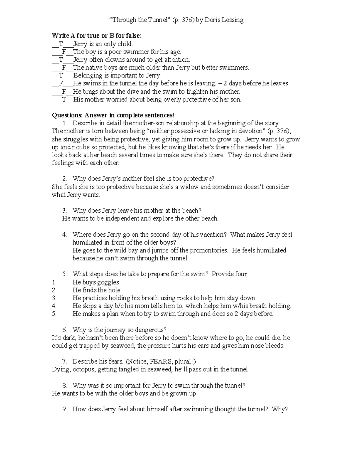 Through the Tunnel (ENG 101) Vocabulary & Study Guide Answers - Studocu