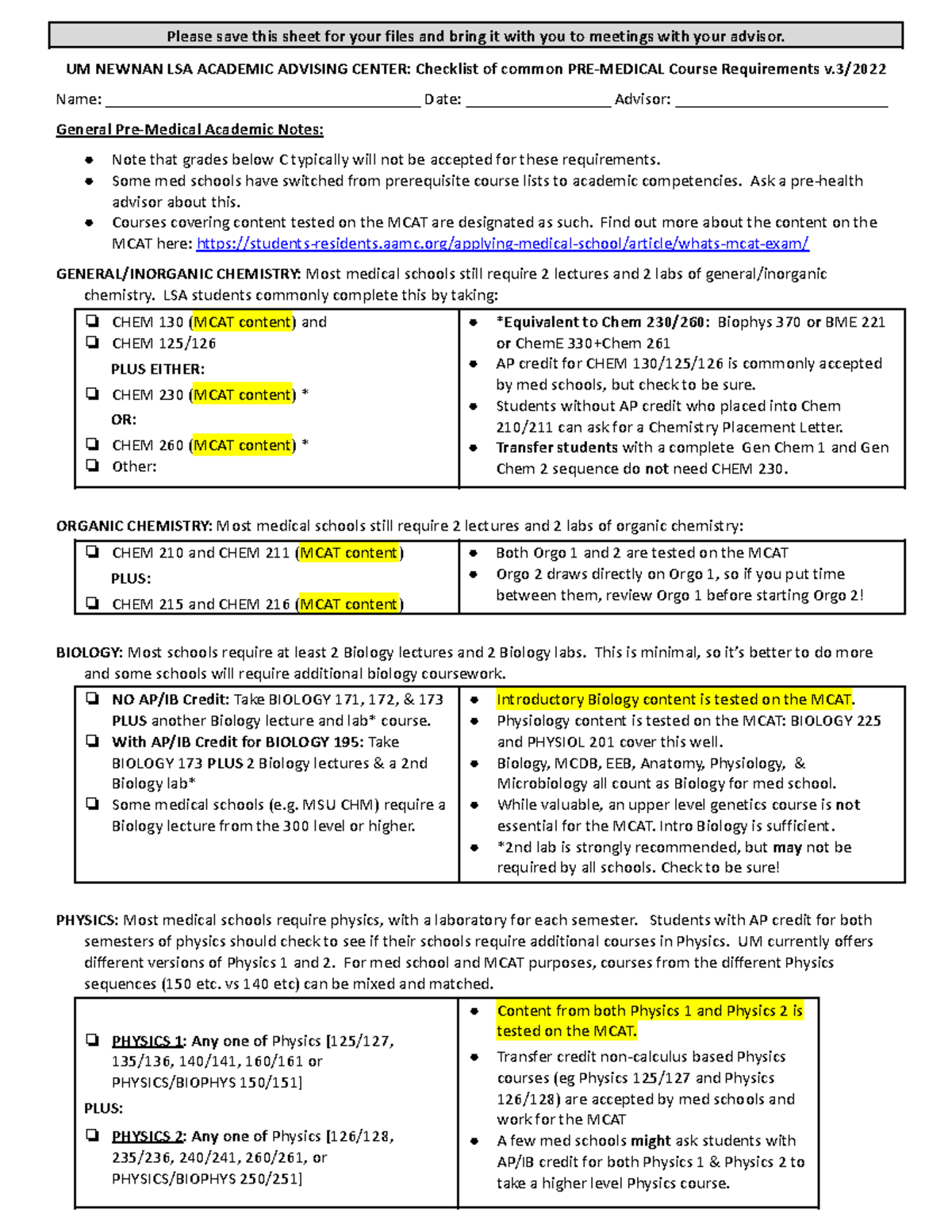 Pre-Medical Course Requirements Checklist for Advising Sessions - Studocu