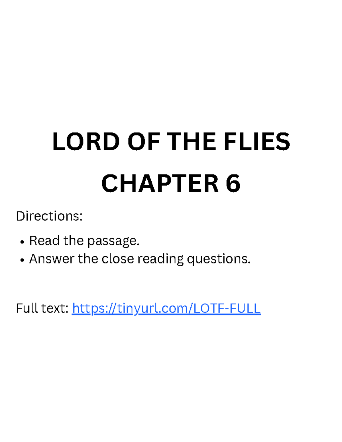 LORD OF THE FLIES CHAPTERS 6-12 WORKBOOK: CLOSE READING QUESTIONS - Studocu