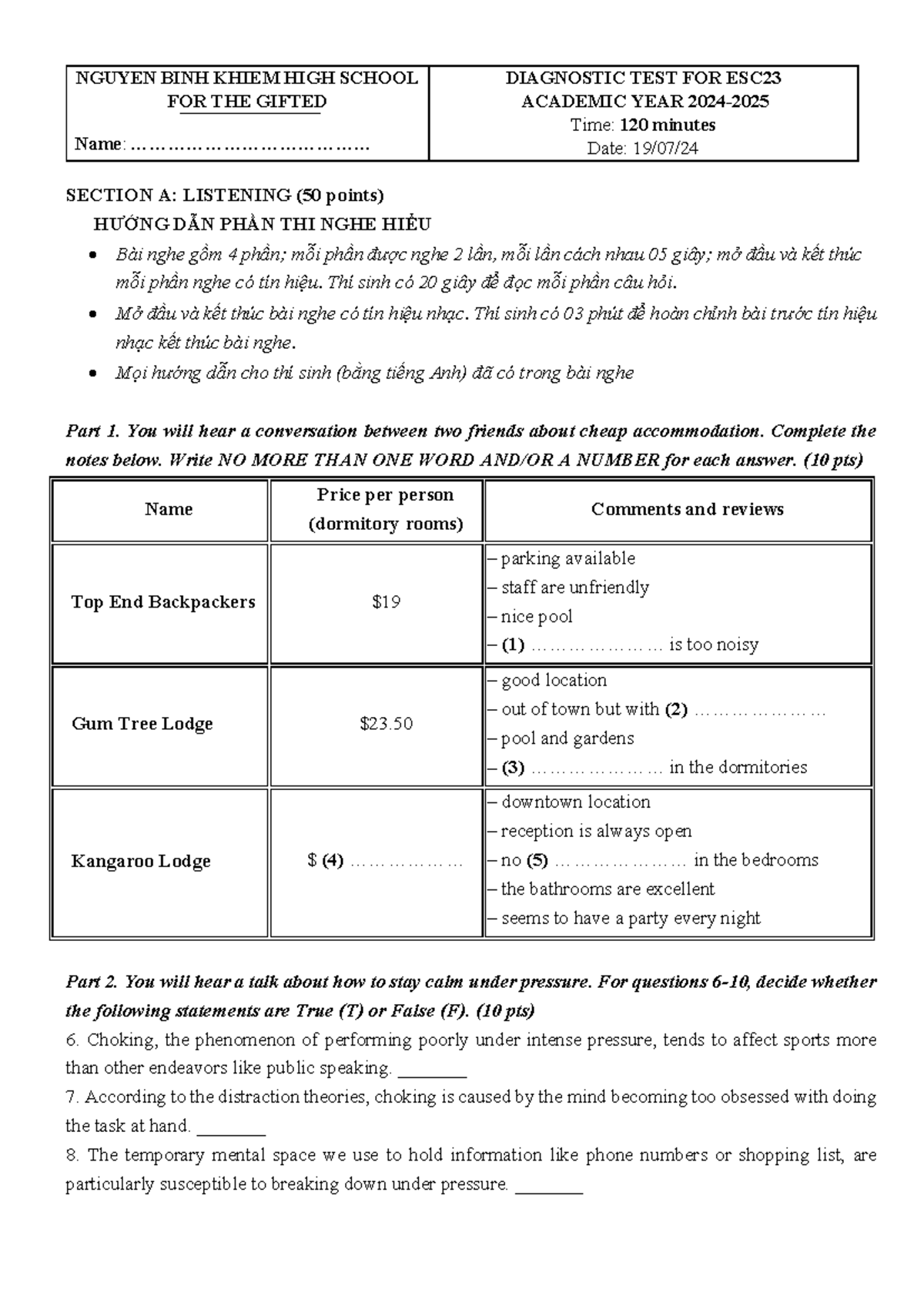 Diagnostic Test for ESC - Academic Year 2024 - Studocu