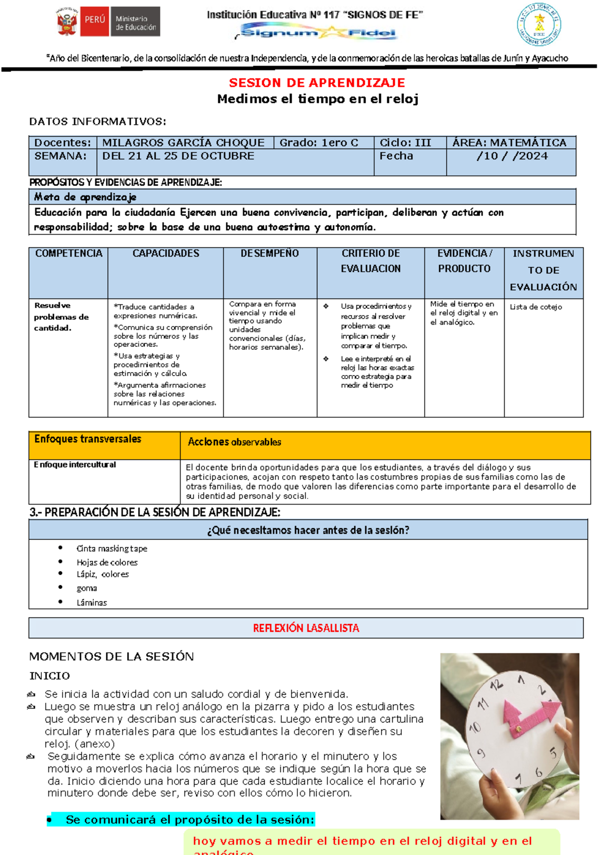 Matemáticas 1ero C: Medimos el Tiempo con el Reloj - Sesión Aprendizaje ...