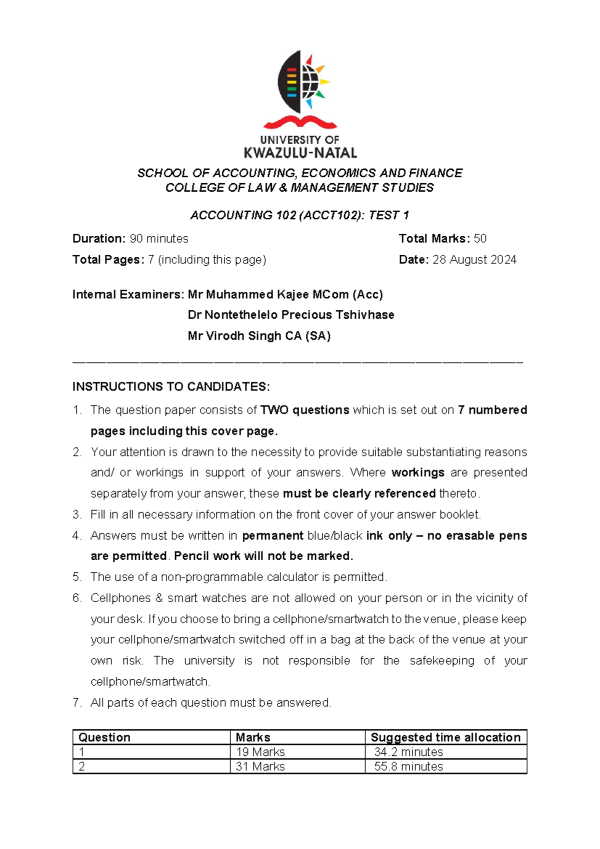 ACCT 102 2024 - Test 1: Instructions, Questions, and Guidelines - Studocu