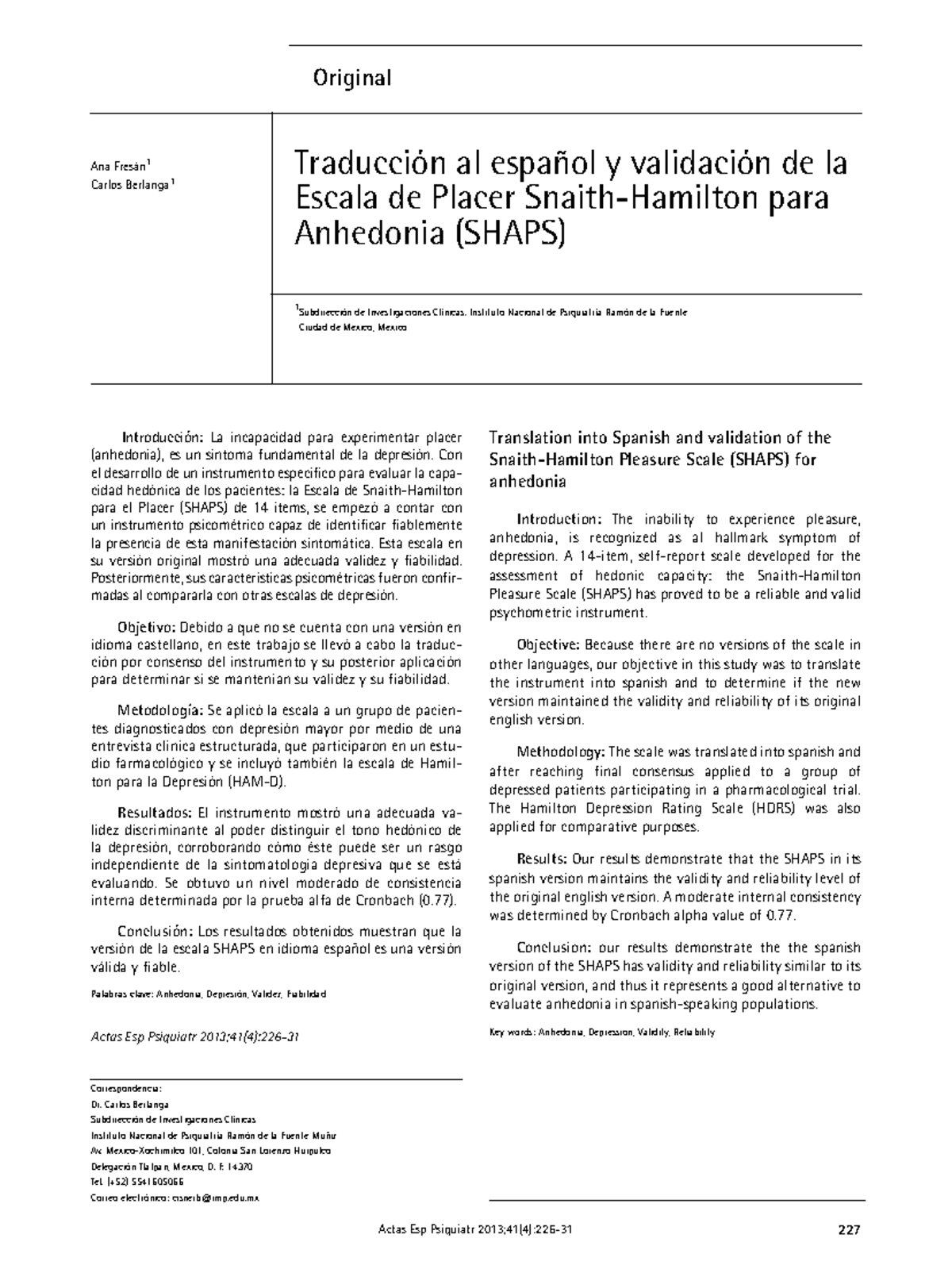 Traducción y Validación de la Escala de Placer (SHAPS) para Anhedonia ...