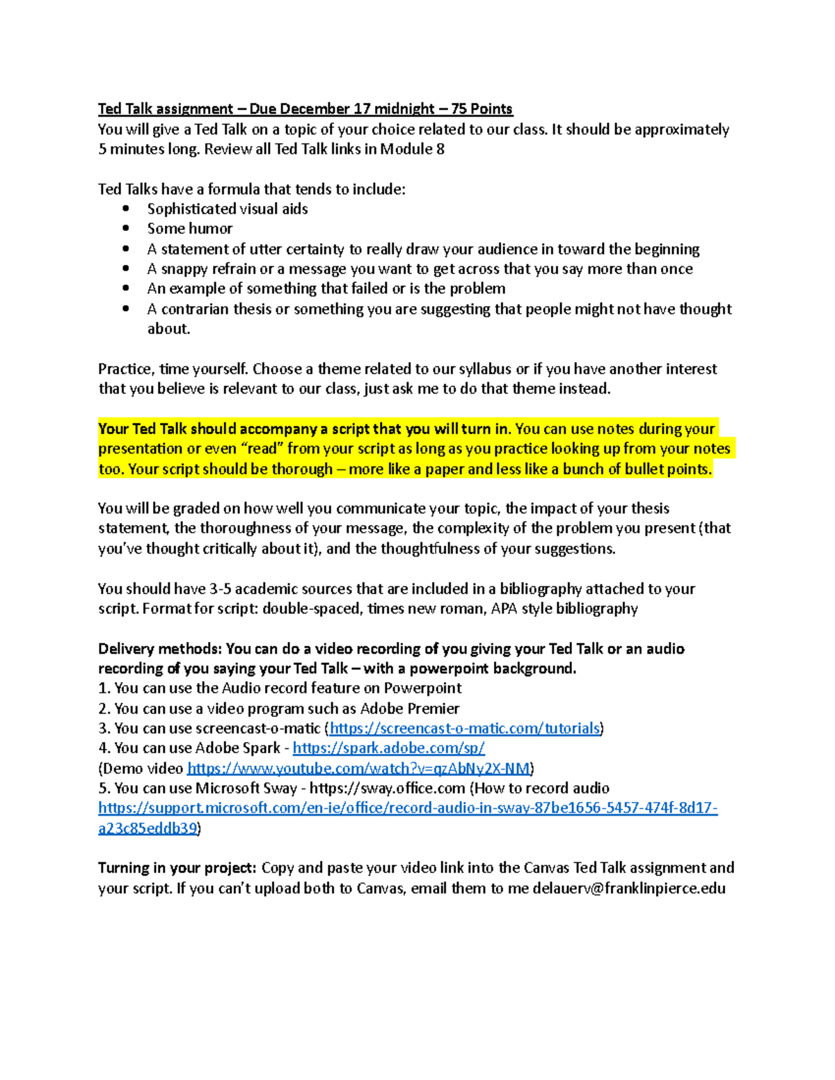 Ted Talk assignment Online-2 - Ted Talk assignment – Due December 17 ...