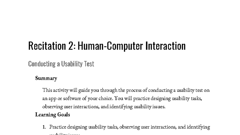 Recitation 2: Usability Testing Guide - HCI - Studocu