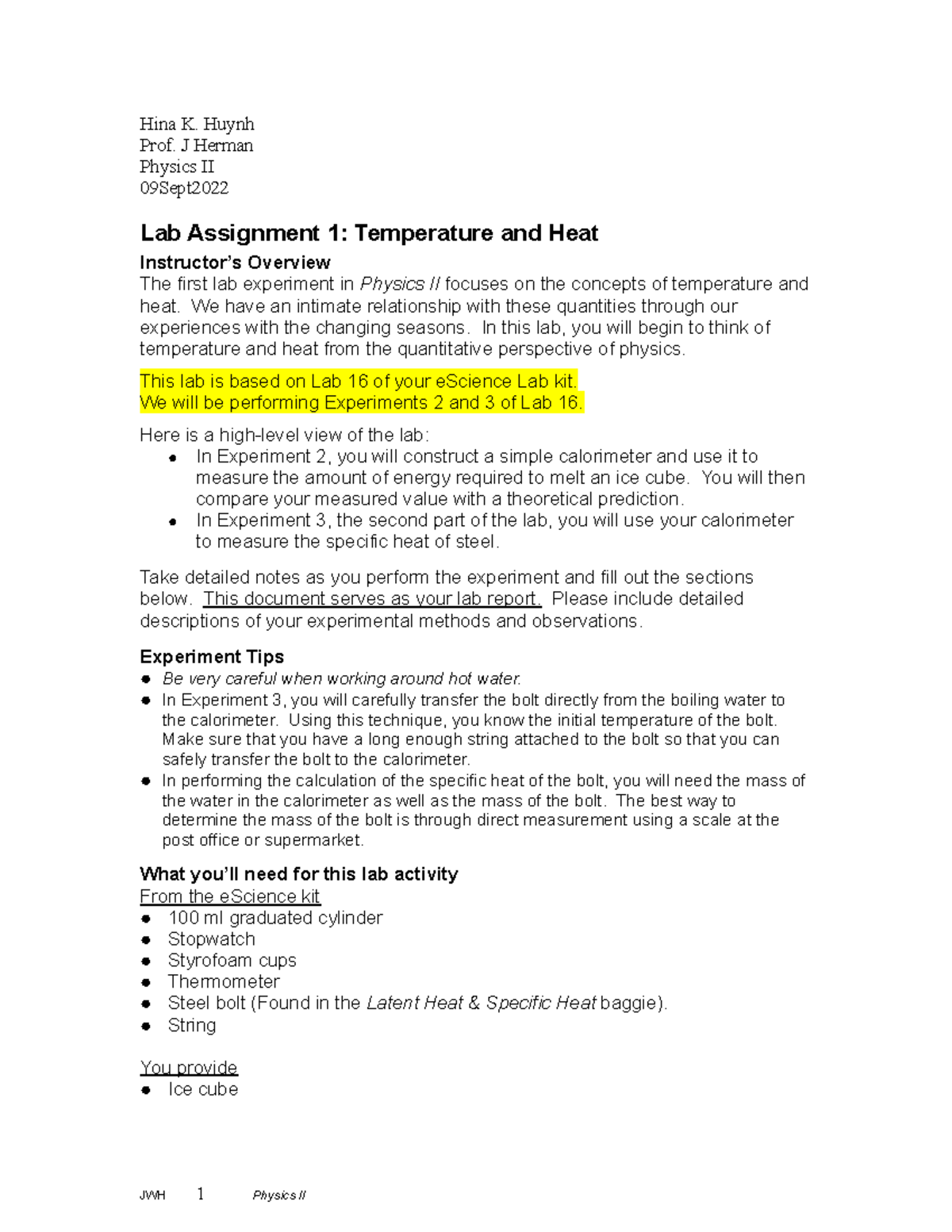 Physics II M1 Week 1 Lab #1: Temperature & Heat Experiments - Studocu