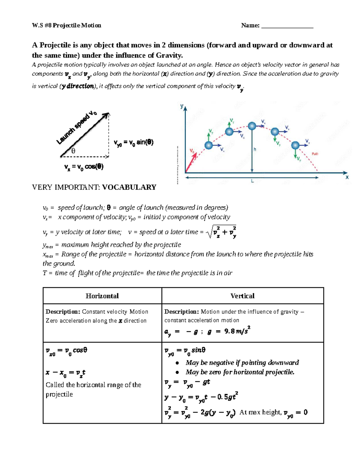 W.S #8 Projectile Motion: Concepts and Practice Problems - Studocu