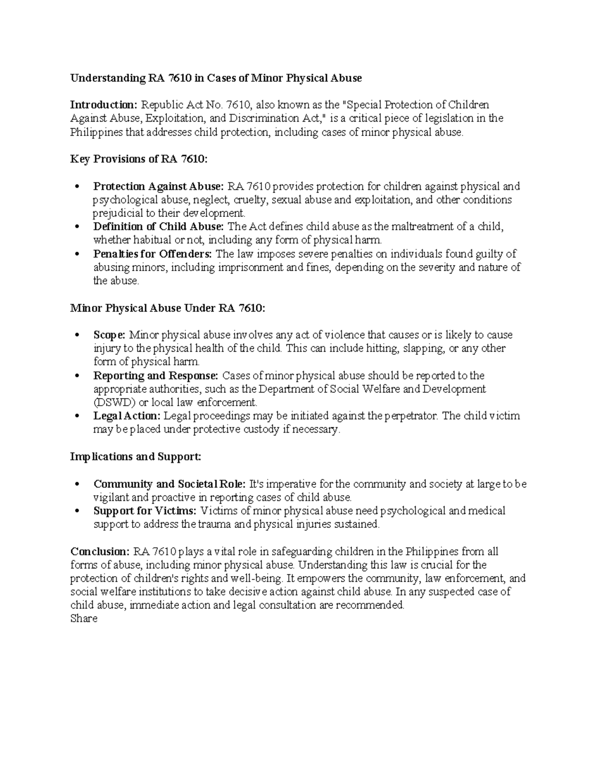 Understanding RA 7610: Child Protection Against Minor Abuse - Studocu