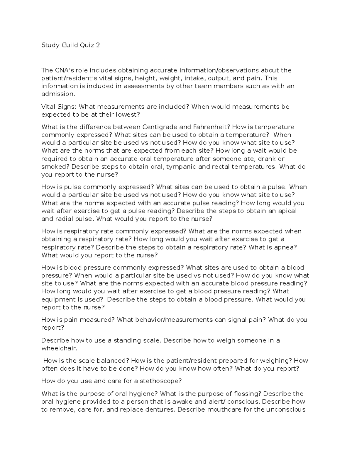 CNA Study Guide: Vital Signs & Patient Care Techniques Quiz 2 - Studocu