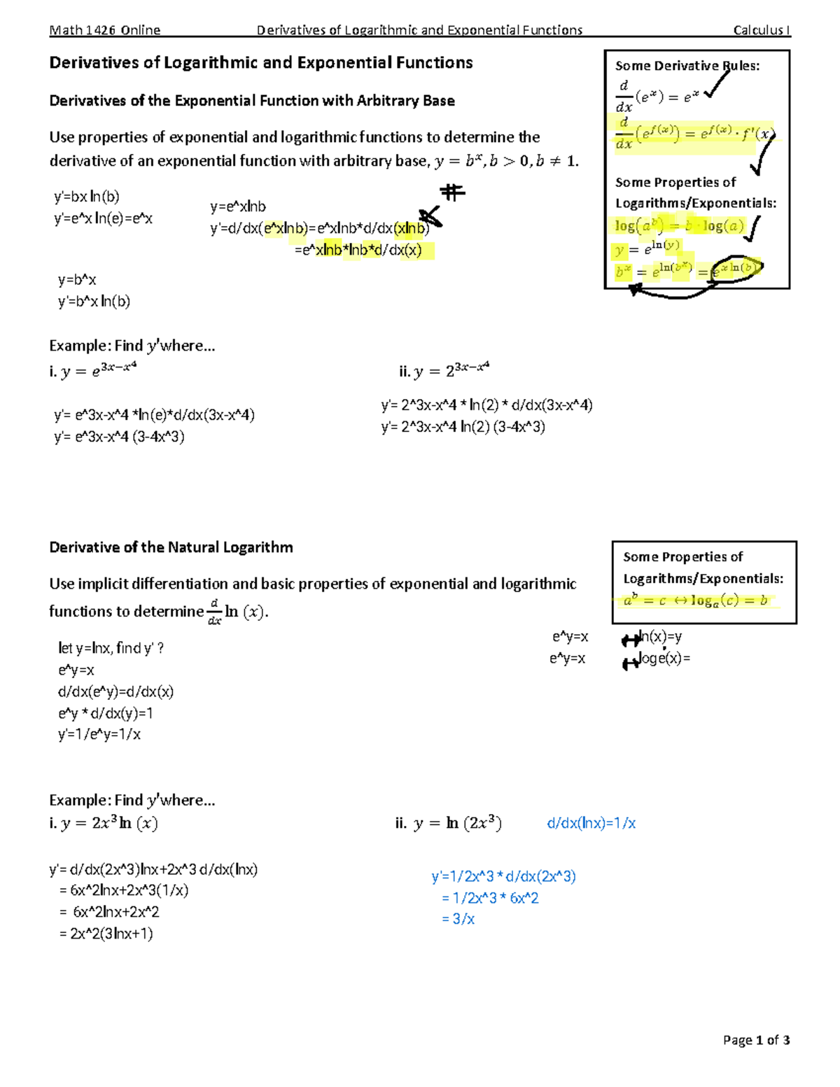 Math 1426 Online Final Exam Notes: Derivatives of Logarithmic ...