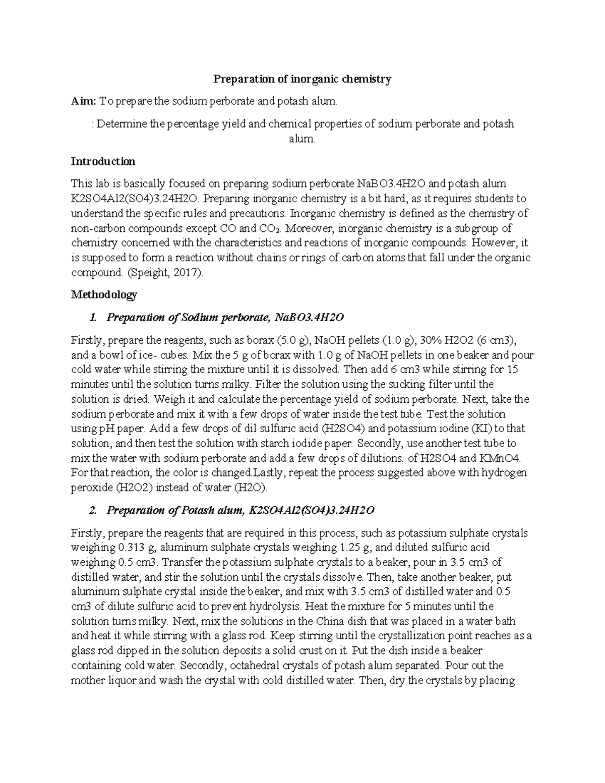 Inorganic Chemistry Lab Report: Experiment 1 - Na Perborate & Potash ...