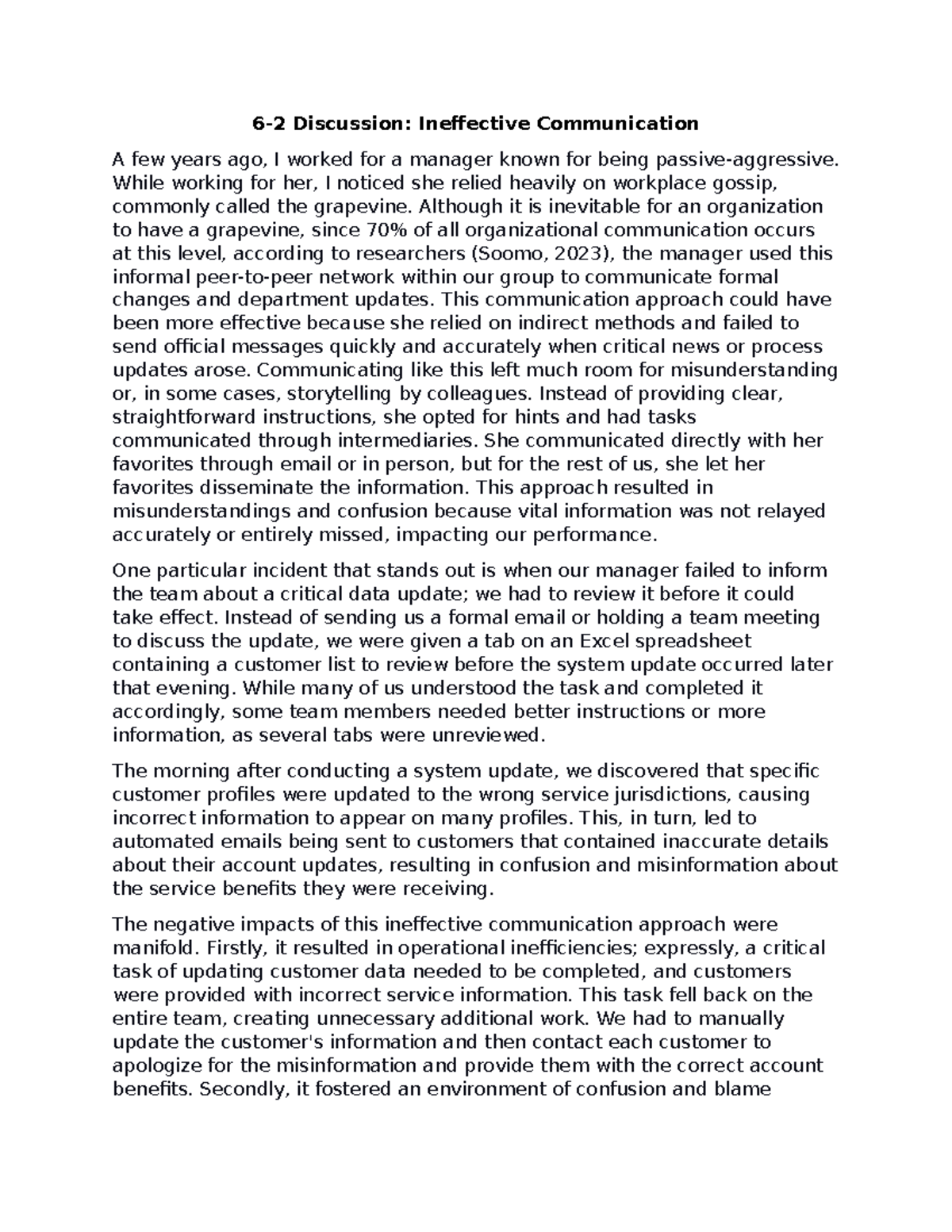 BUS 210 Module 6 Discussion: The Impacts of Ineffective Communication ...