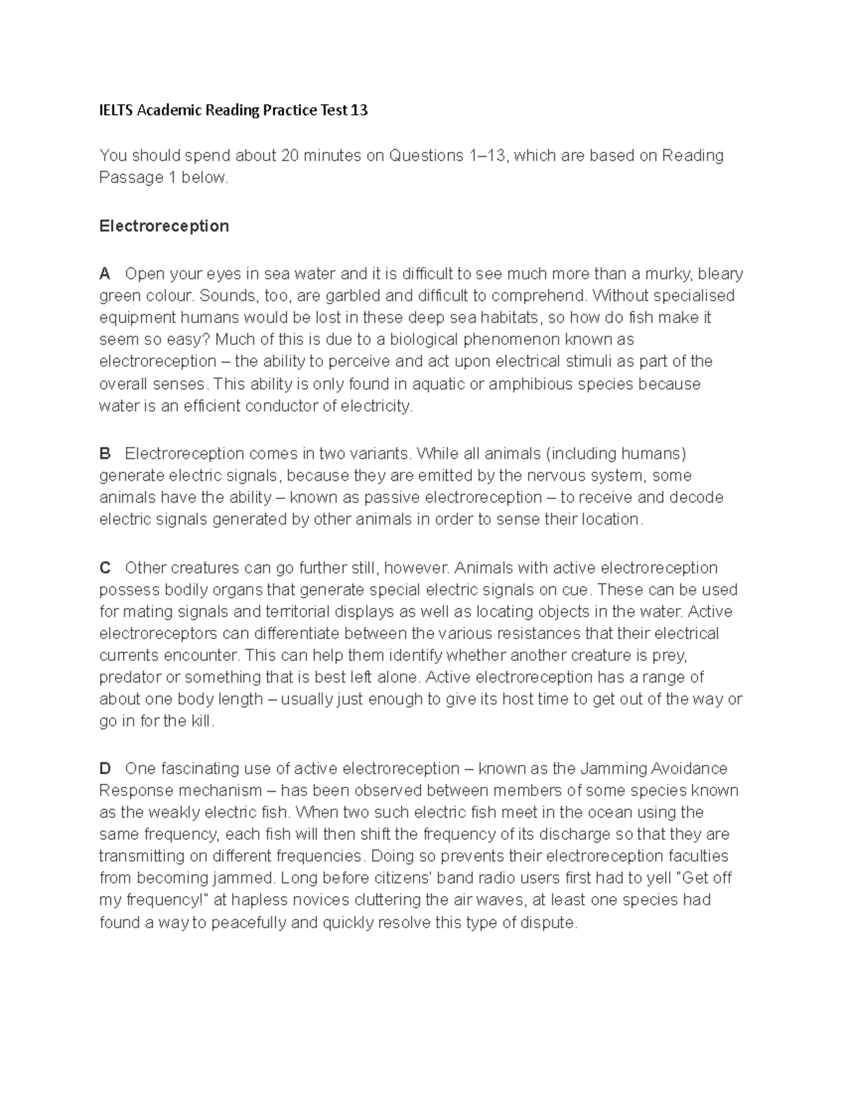 IELTS Academic Reading Practice Test 13: Electroreception Insights ...