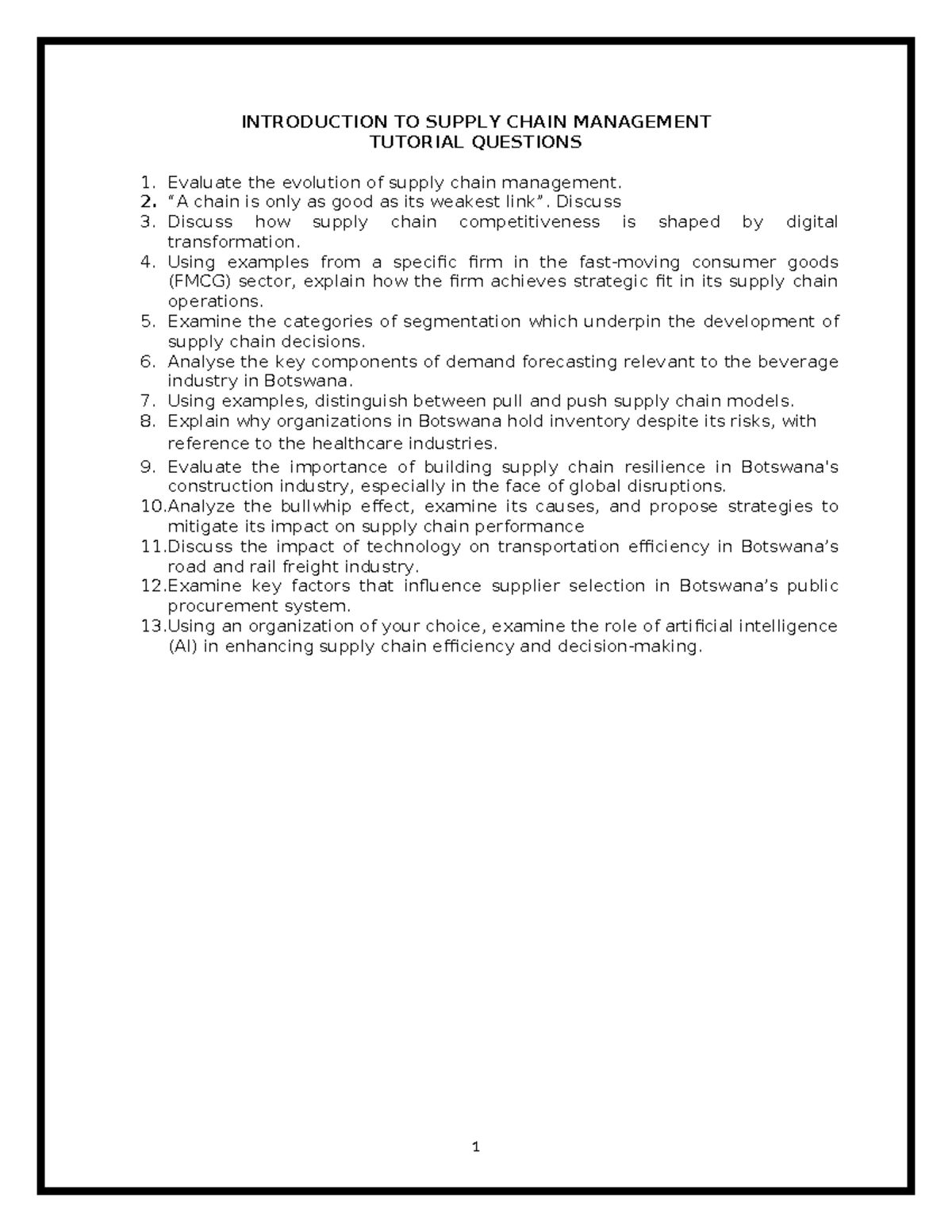 SCM 101: Tutorial Questions on Supply Chain Management Concepts - Studocu