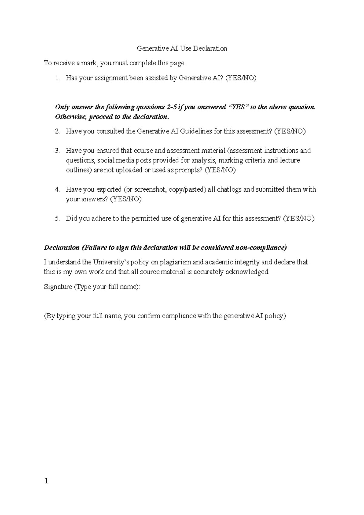 Generative AI Use Declaration for Assessment Compliance - Studocu