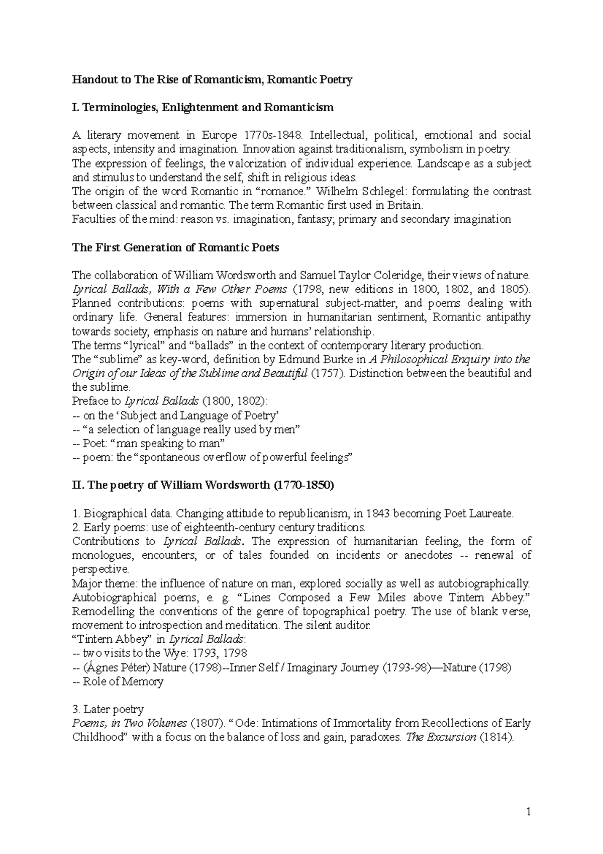 Romantic Poetry Overview - Handout on Romanticism and Poets - Studocu