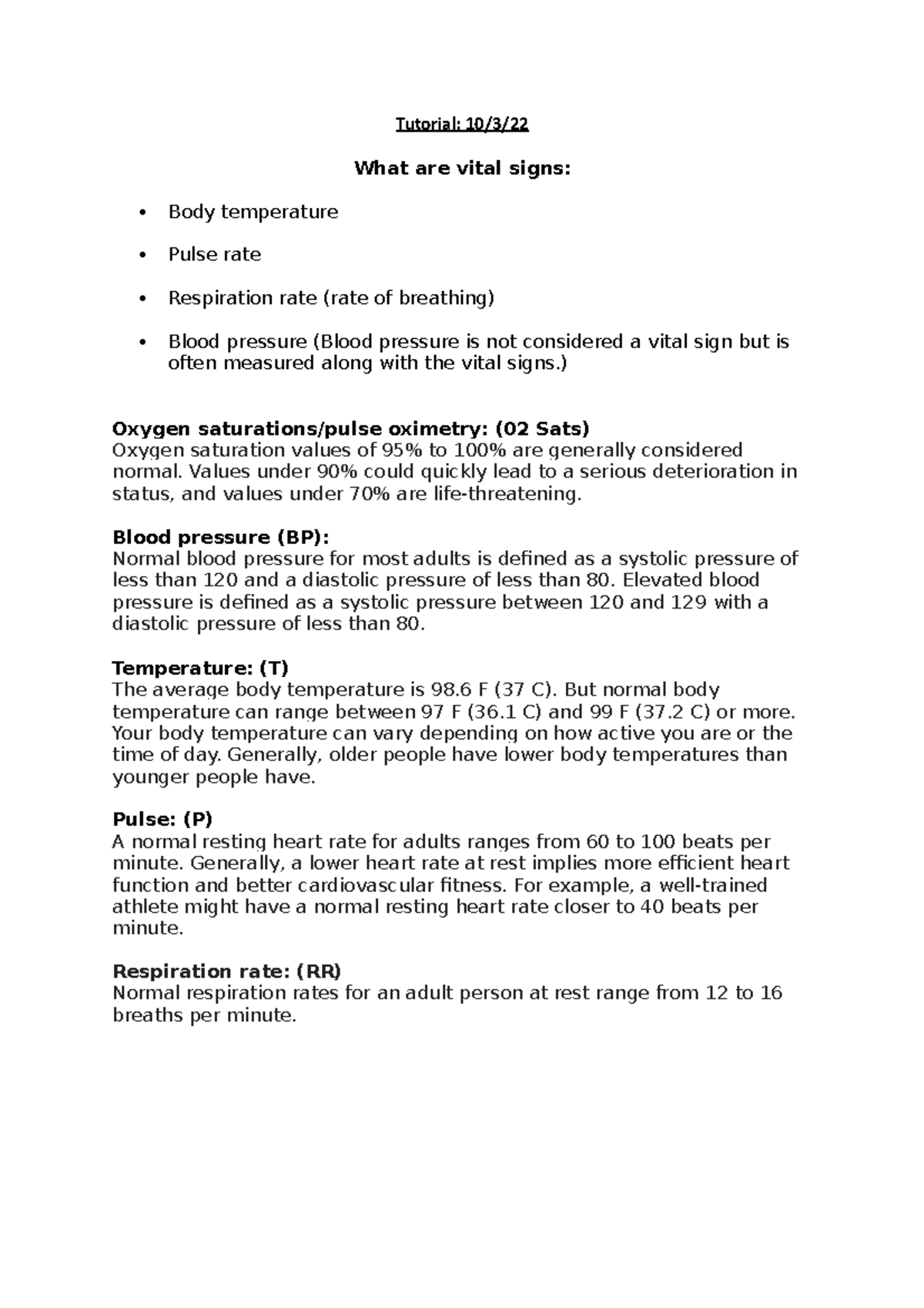 Tutorial NURS1003 - Tutorial: 10/3/ What are vital signs: Body ...