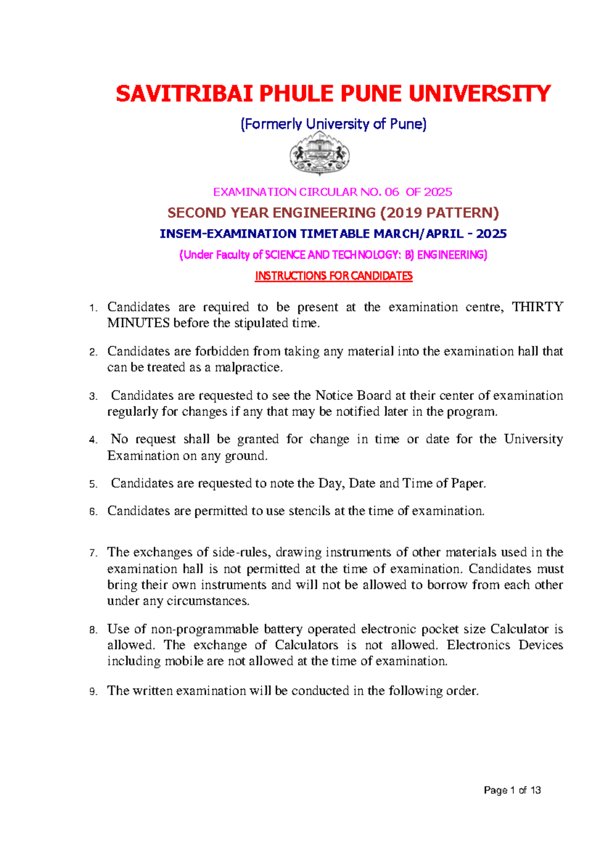 Insem Exam Timetable for Second Year Engineering (2019 Pattern) - Mar ...