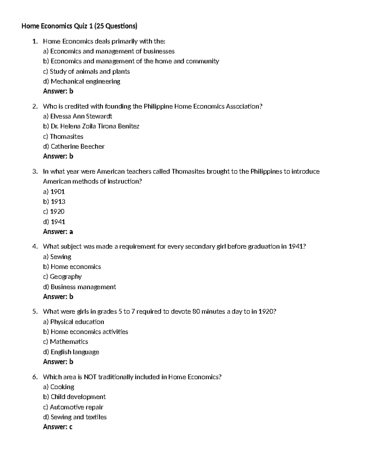 Home Economics Quiz 1 (25 Questions) - Study Guide - Studocu
