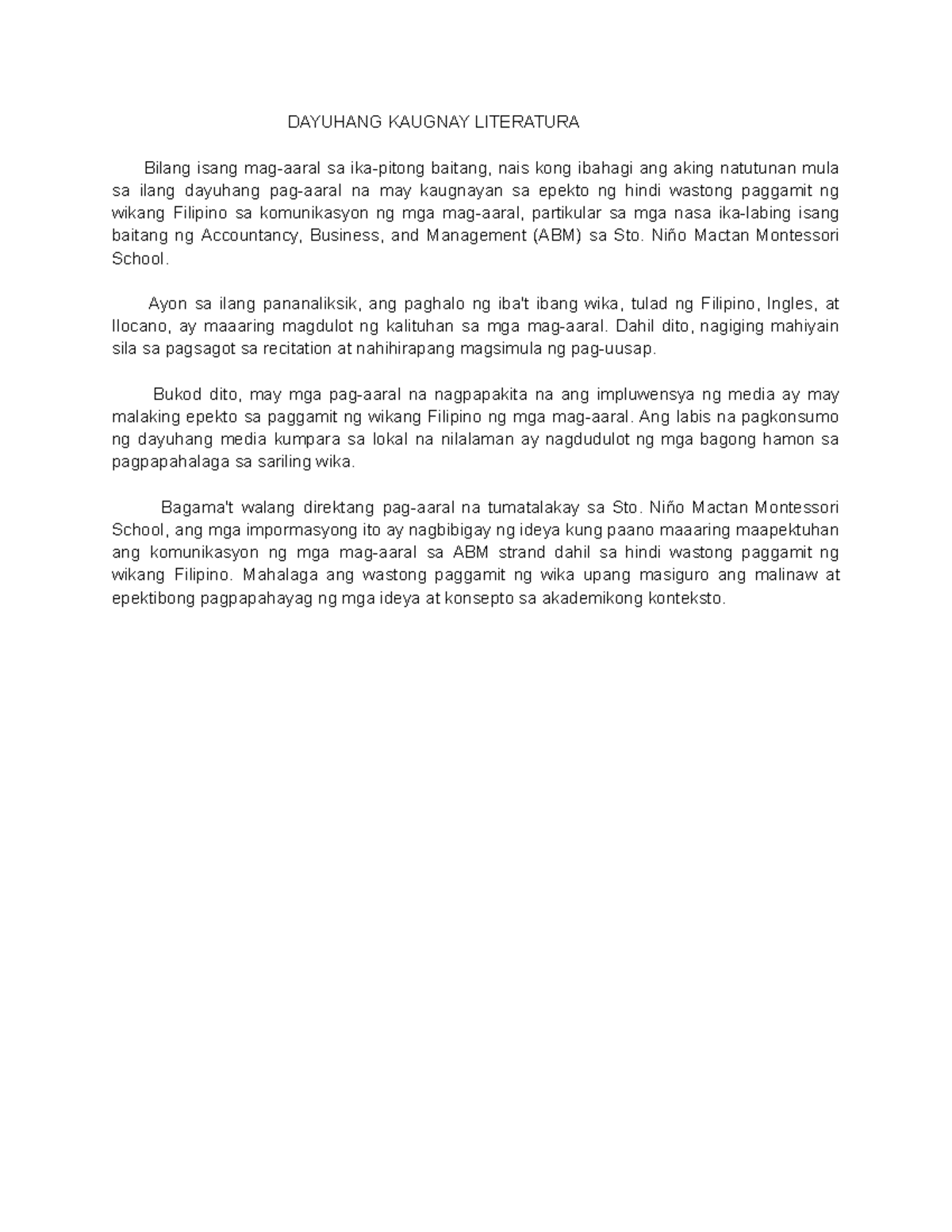 Kabanata II halimbawa-grade:11 - DAYUHANG KAUGNAY LITERATURA Bilang ...