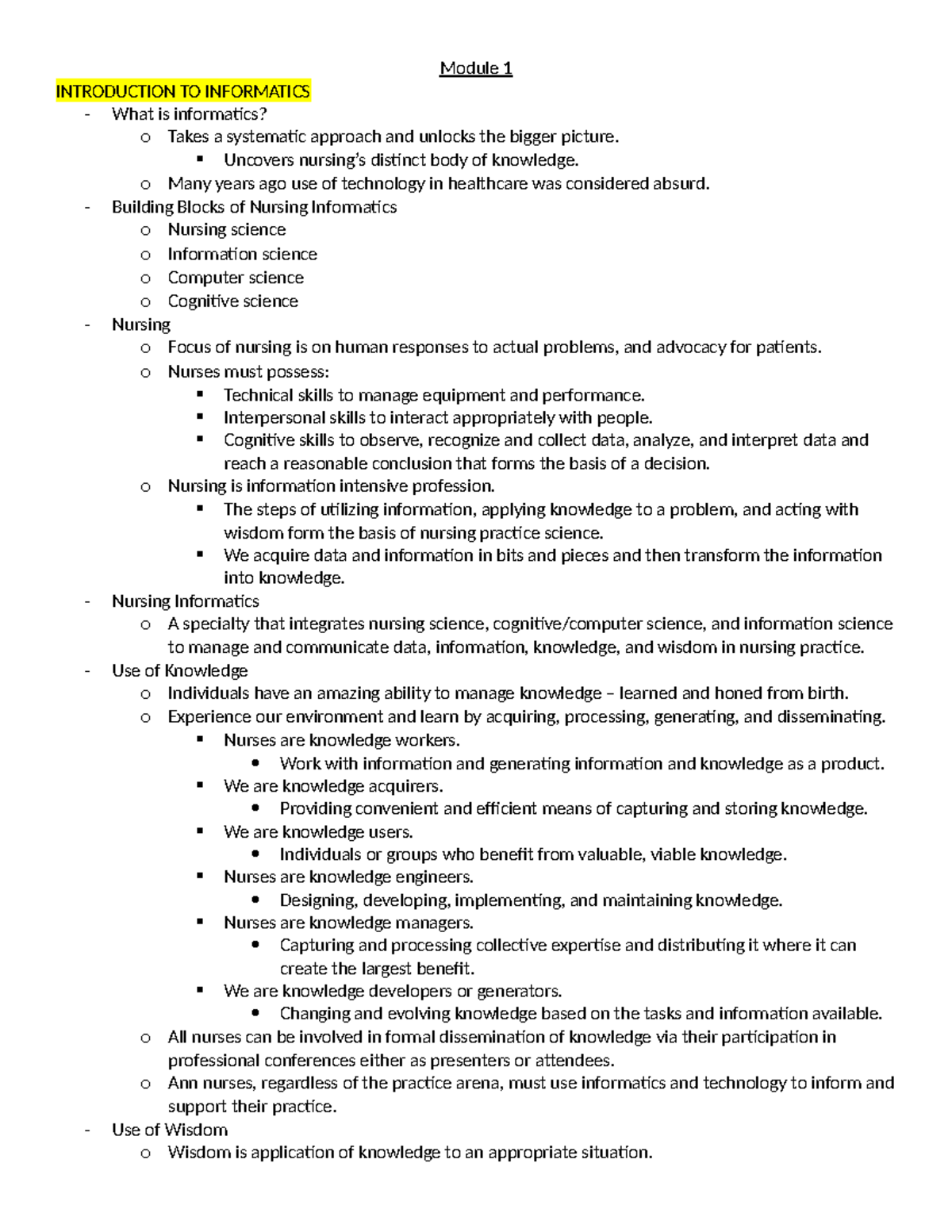 M1 - Informatics - Nursing Informatics Overview and Insights - Studocu