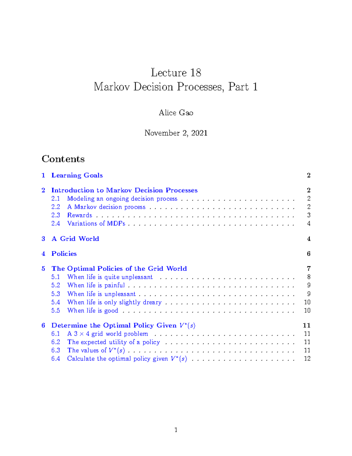 Lecture 18: Markov Decision Processes & Optimal Policies (MDP) - Studocu