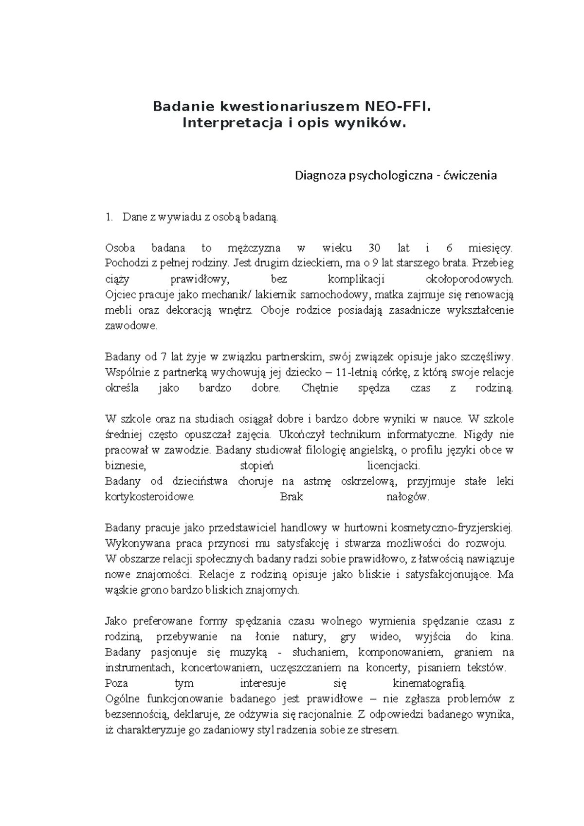 Diagnoza NEO-FFI: Opis i Interpretacja Wyników Badania Psychologicznego ...