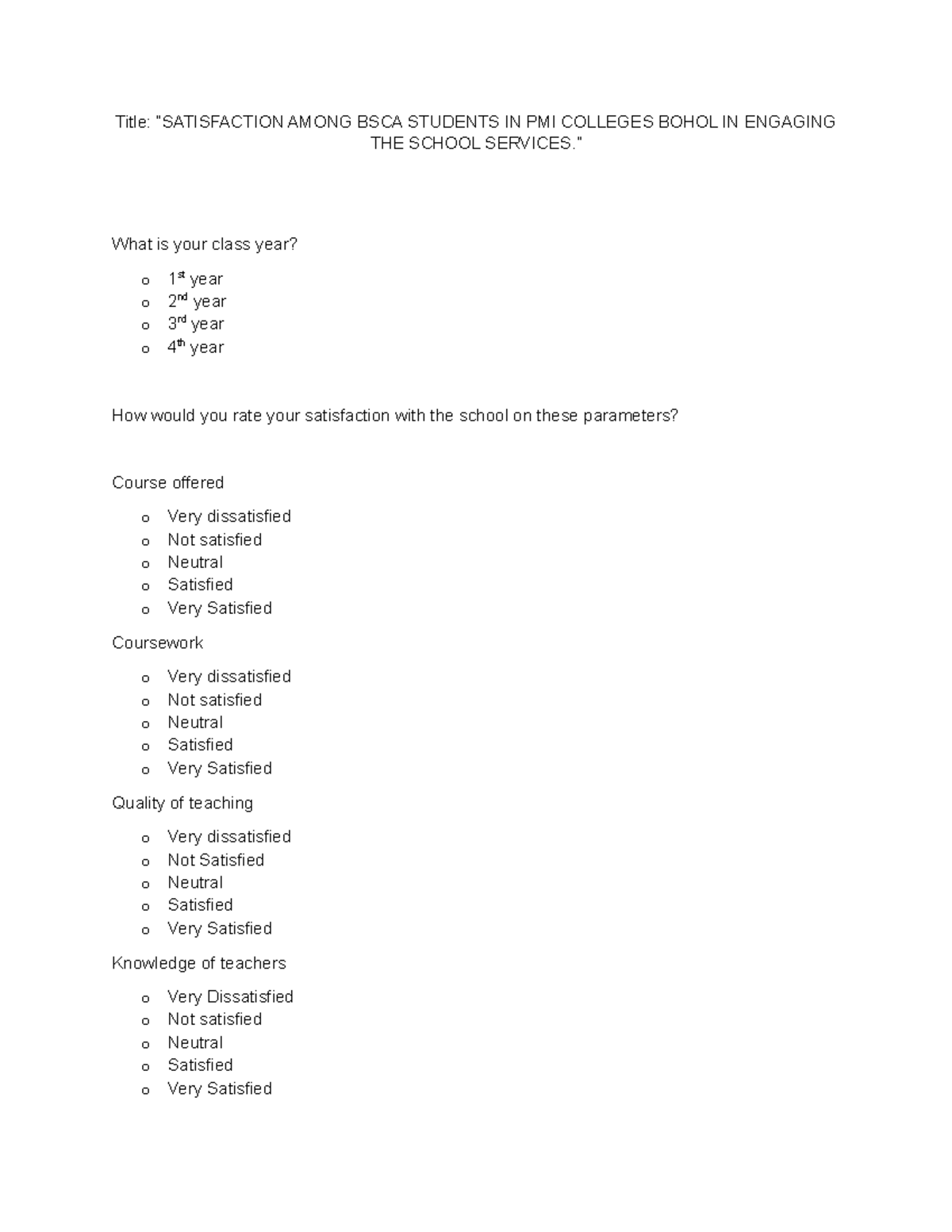 BSCA Student Satisfaction Survey on School Services at PMI Colleges ...
