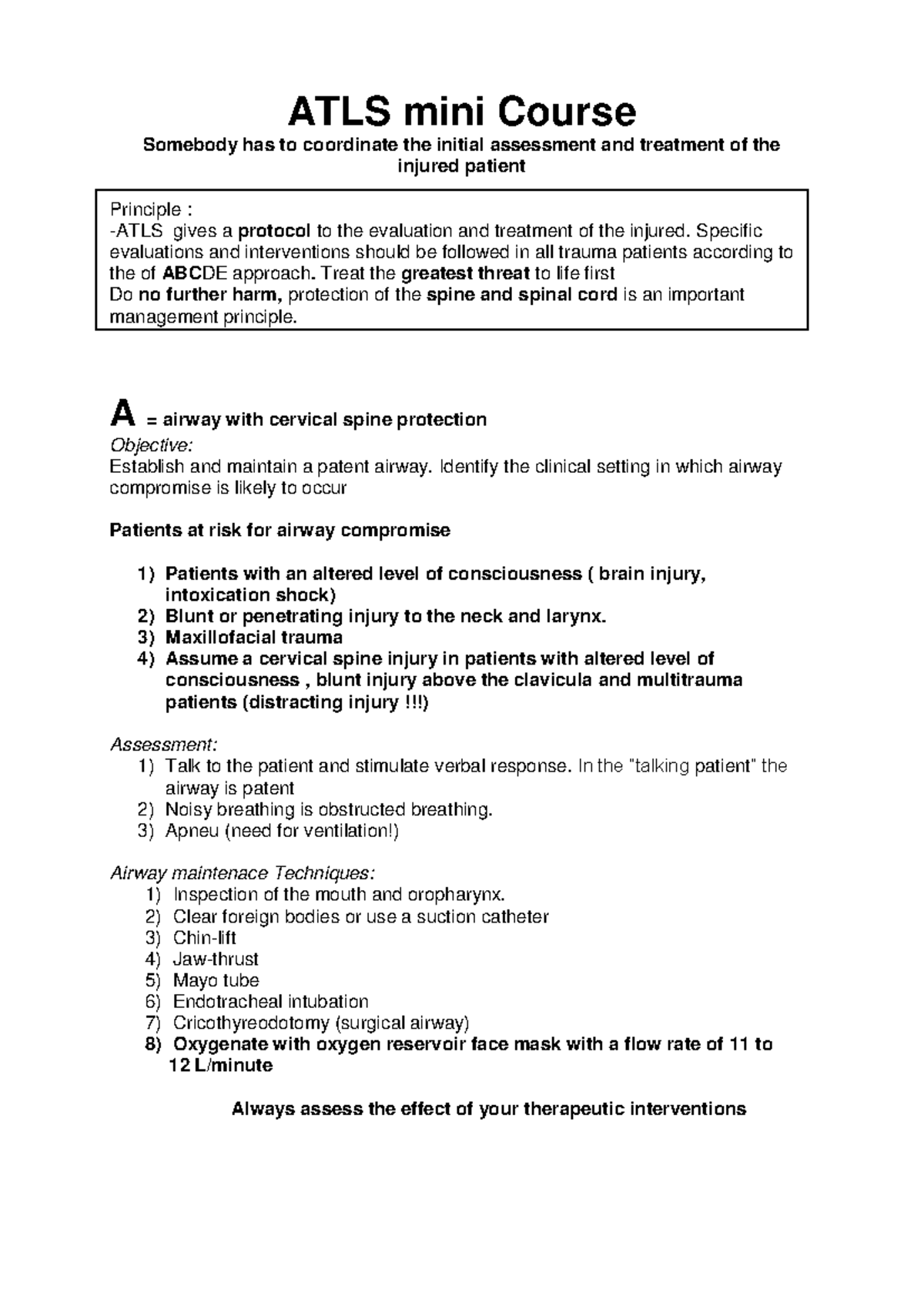 ATLS Mini Course: Initial Assessment & Treatment Protocols - Studeersnel