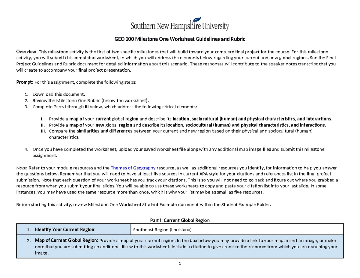 GEO 200 Milestone One Worksheet: Global Regions Analysis Guide - Studocu