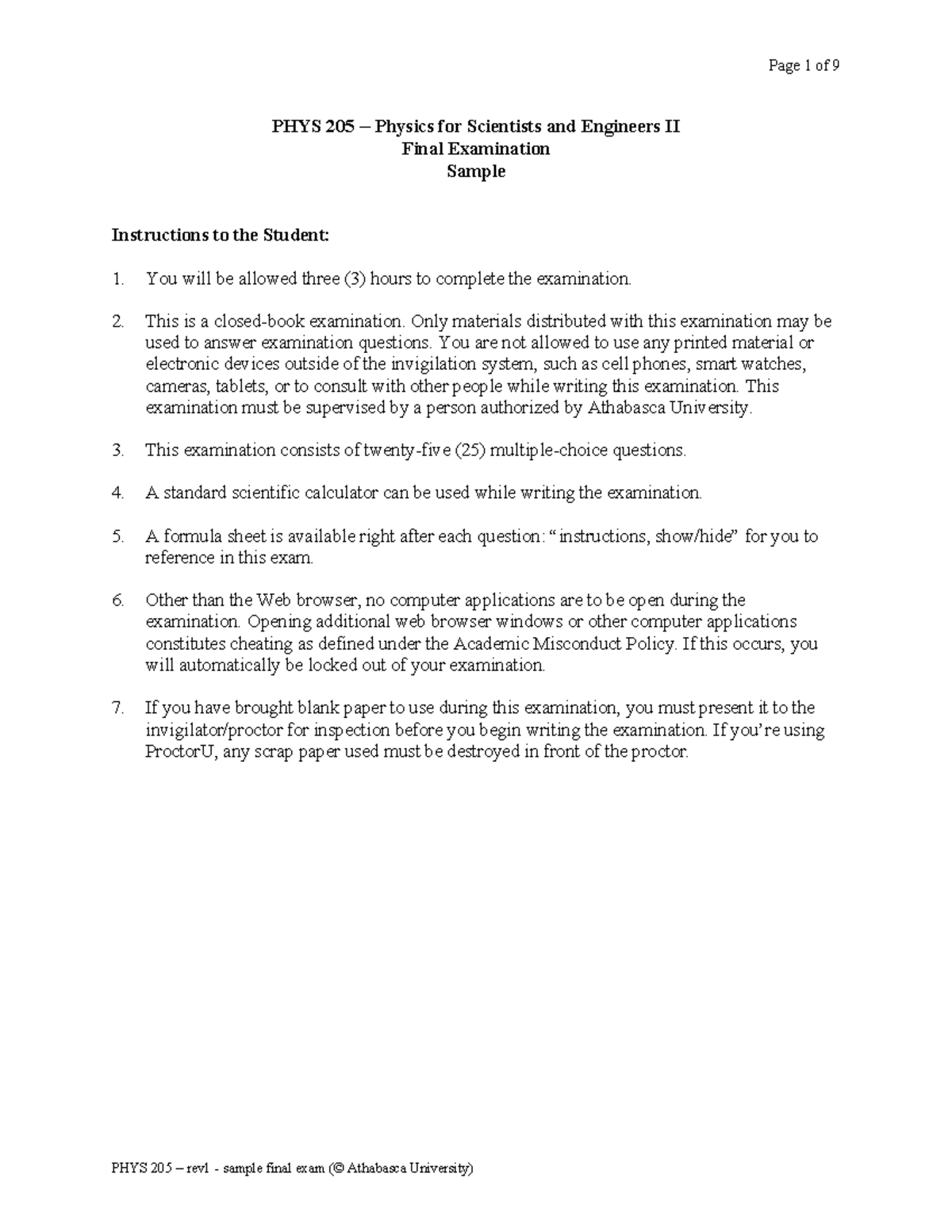 PHYS 205 Sample Final Exam Questions & Formula Sheet - Studocu
