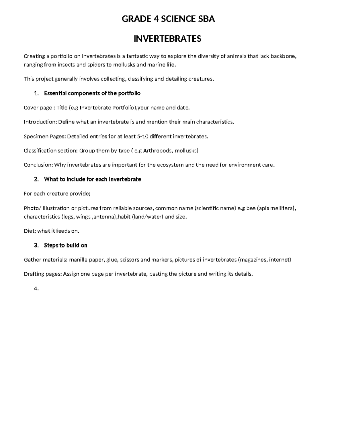GRADE 4 SCIENCE SBA: Invertebrate Portfolio Project Guide - Studocu